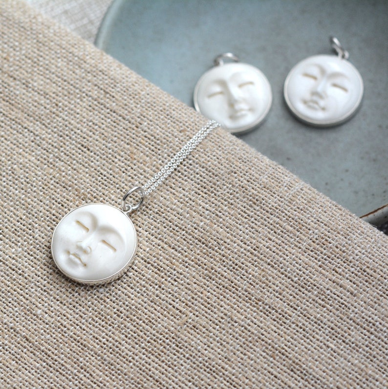 25mm Sterling Silver and Bone Moon Face Pendant Carved Bone - Etsy ...