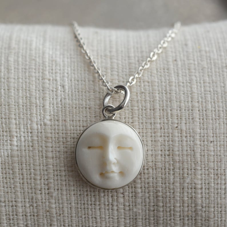 Carved Bone Moon Face Necklace Carved Bone Pendant Sterling | Etsy