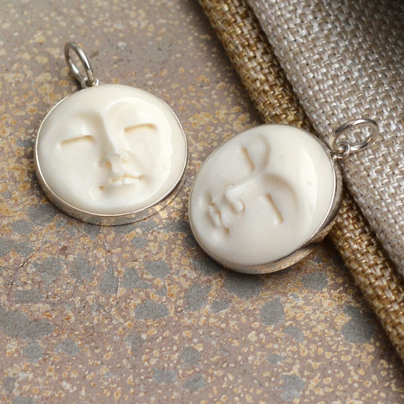 Sterling Silver and Carved Bone Moon Face Necklace Carved - Etsy