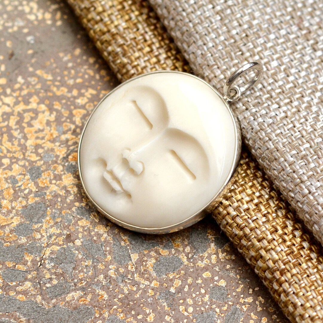 Round Carved Bone Moon Face Pendant, Sterling Silver, Bone Carving ...
