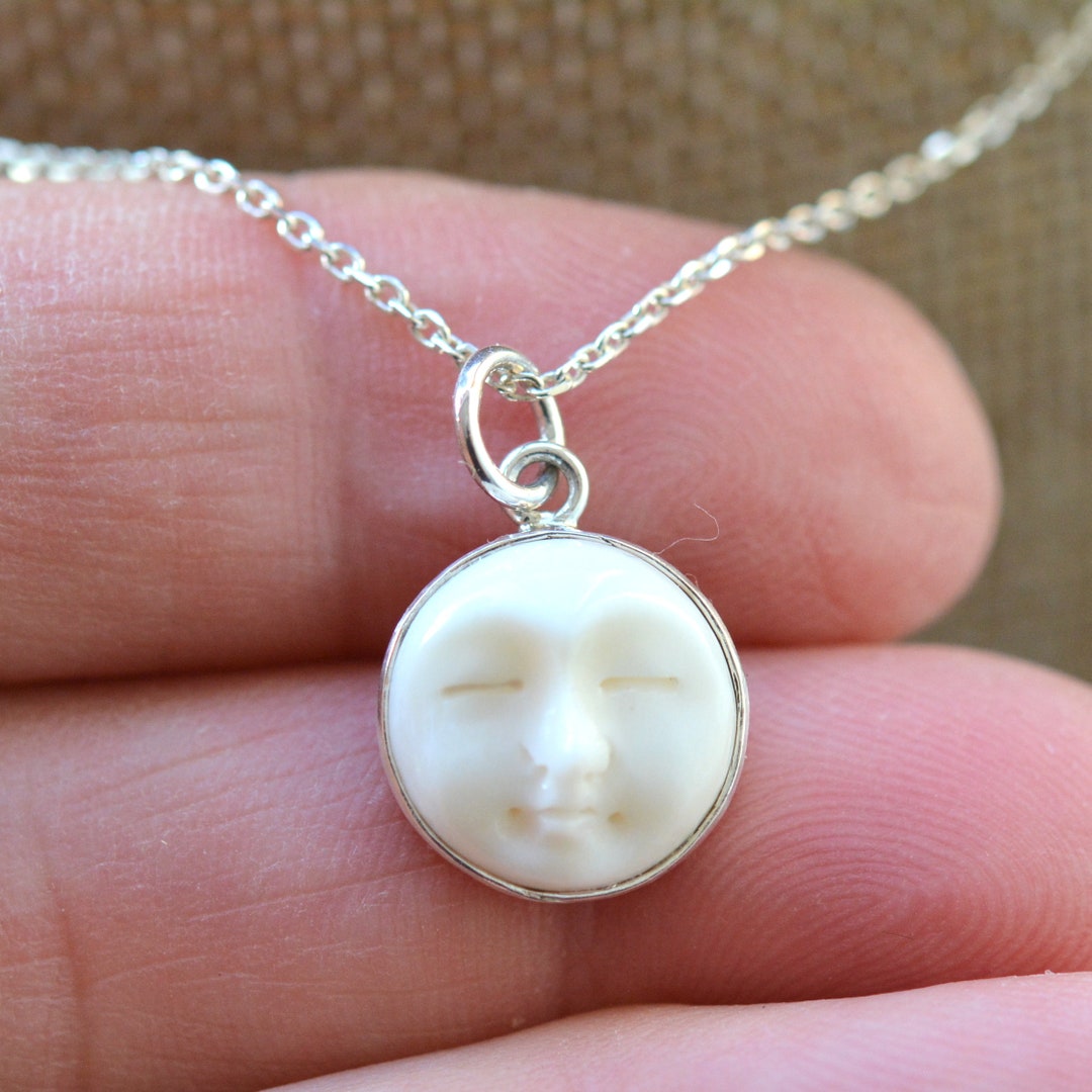 Carved Bone Moon Face Necklace, Carved Bone Pendant, Sterling Silver ...