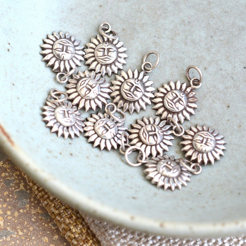 Sun Burst Charms, Round Sterling Silver Sun Face Charms, Celestial ...