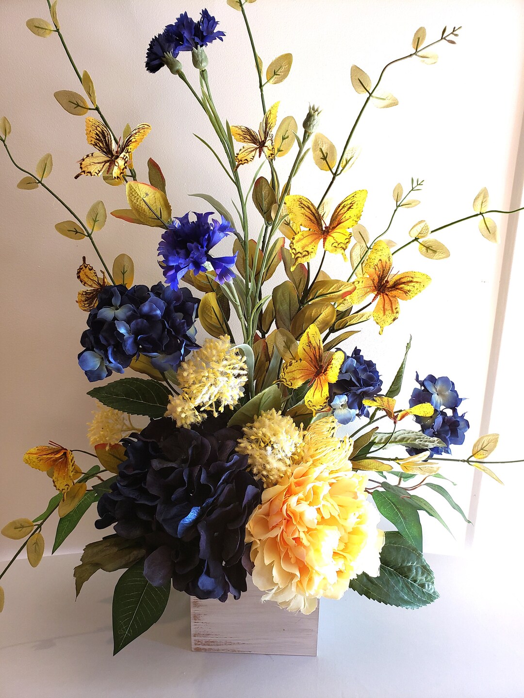 Lux Butterfly XL Floral Arrangement, Yellow and Deep Blue Flower ...