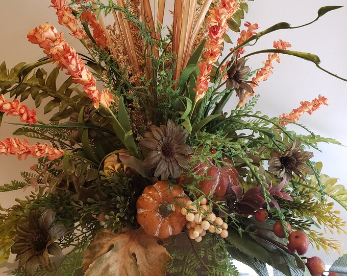Fall Silk Floral Arrangement, Fall Flower Arrangement With Pumpkins ...