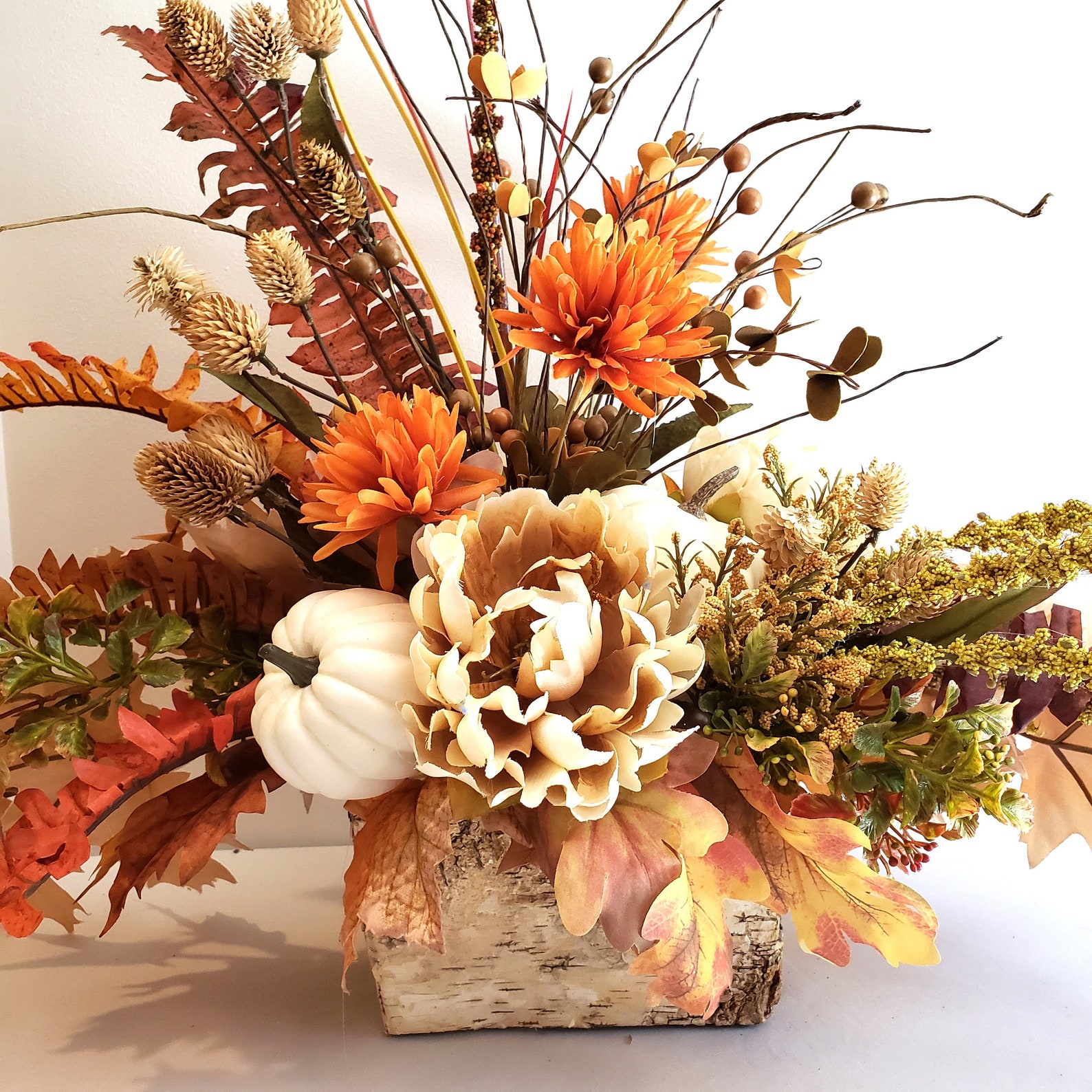 Fall Cream and Orange Silk Floral Arrangement in Birch Container ...