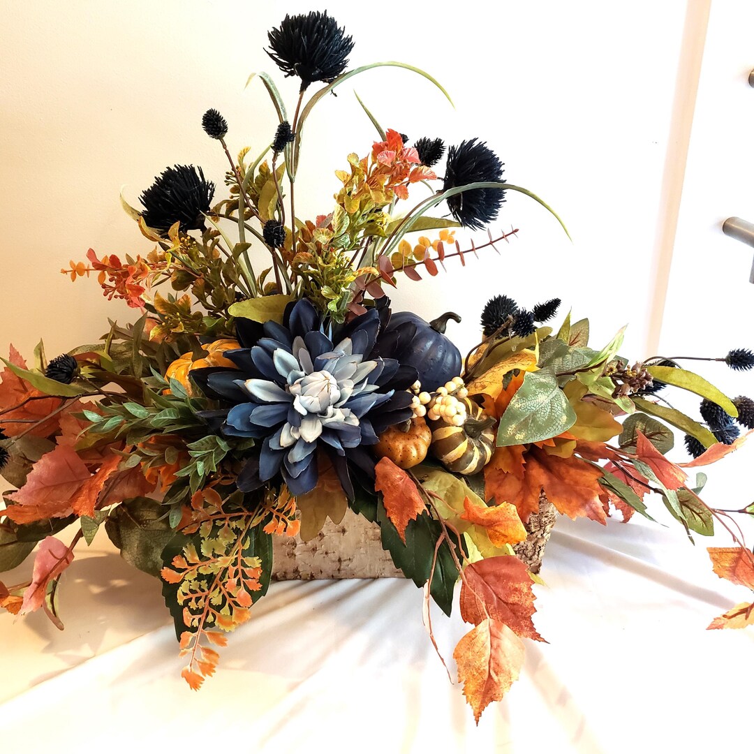 Navy Blue and Orange Fall Centerpiece, Nature Inspired Fall Silk Floral ...