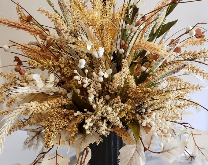 Neutral Fall Silk Floral Arrangement in Black Container, Monochromatic ...