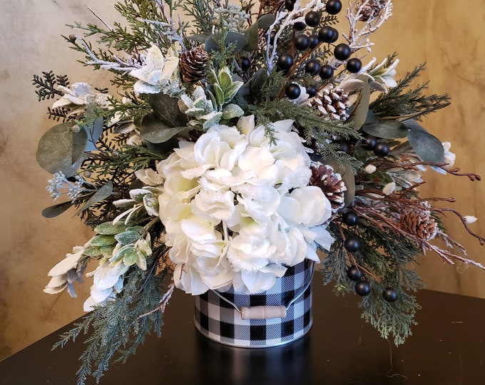 Winter Floral Arrangement, Buffalo Plaid Container, Hydrangea Floral ...