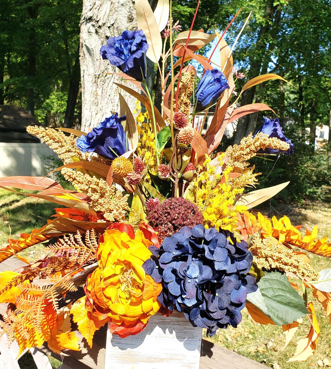 Handmade Navy Blue & Orange Fall Floral Arrangement: Silk Peony ...