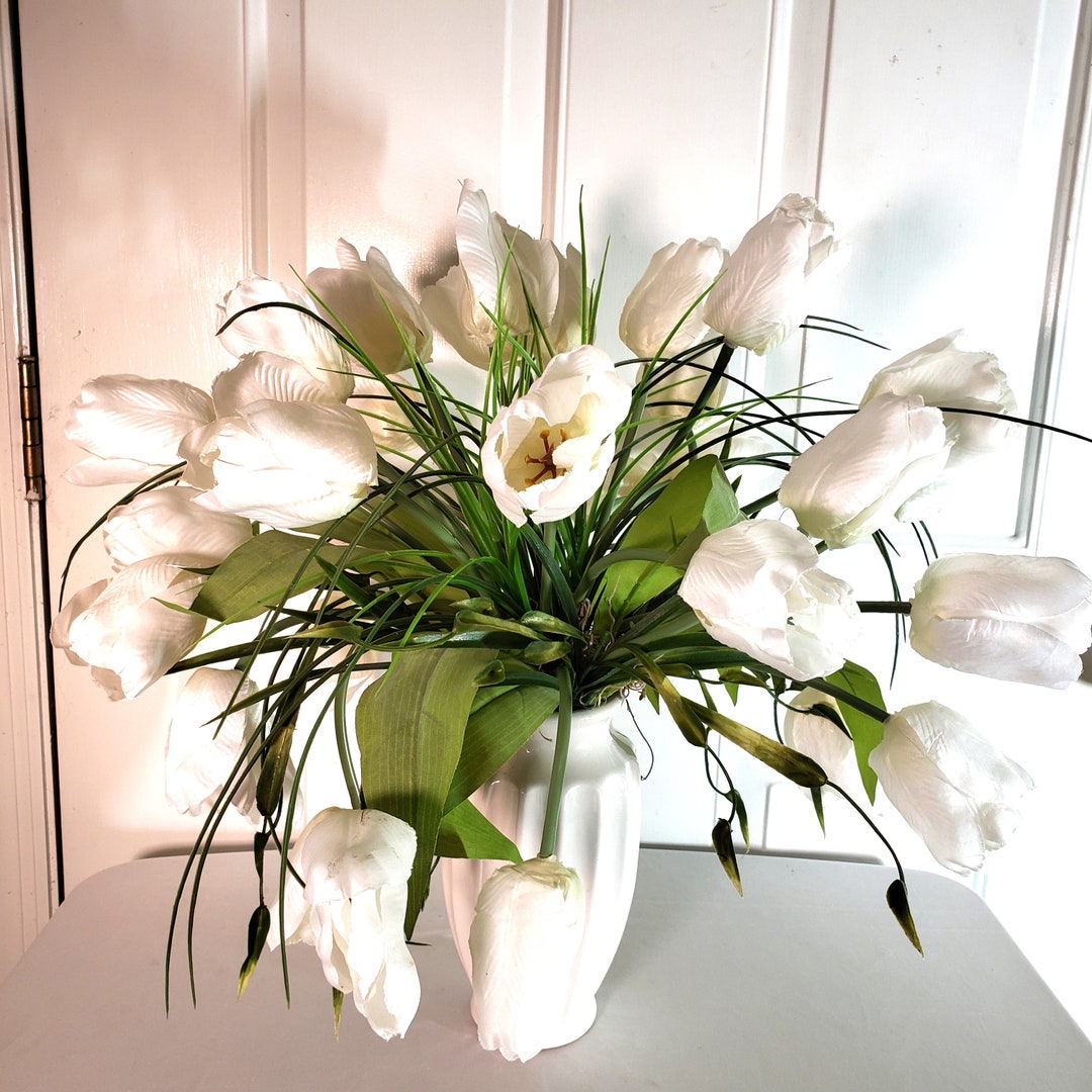 White Tulip Centerpiece, White Tulip Arrangement, Silk Floral ...