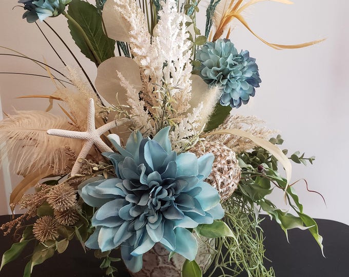 Teal and Ivory Nautical Floral Arrangement, Beach Flower Arrangement ...