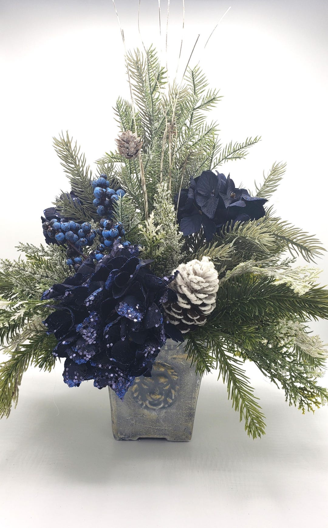 Navy Blue Hydrangea and Blueberry Centerpiece in Williamsburg Blue ...