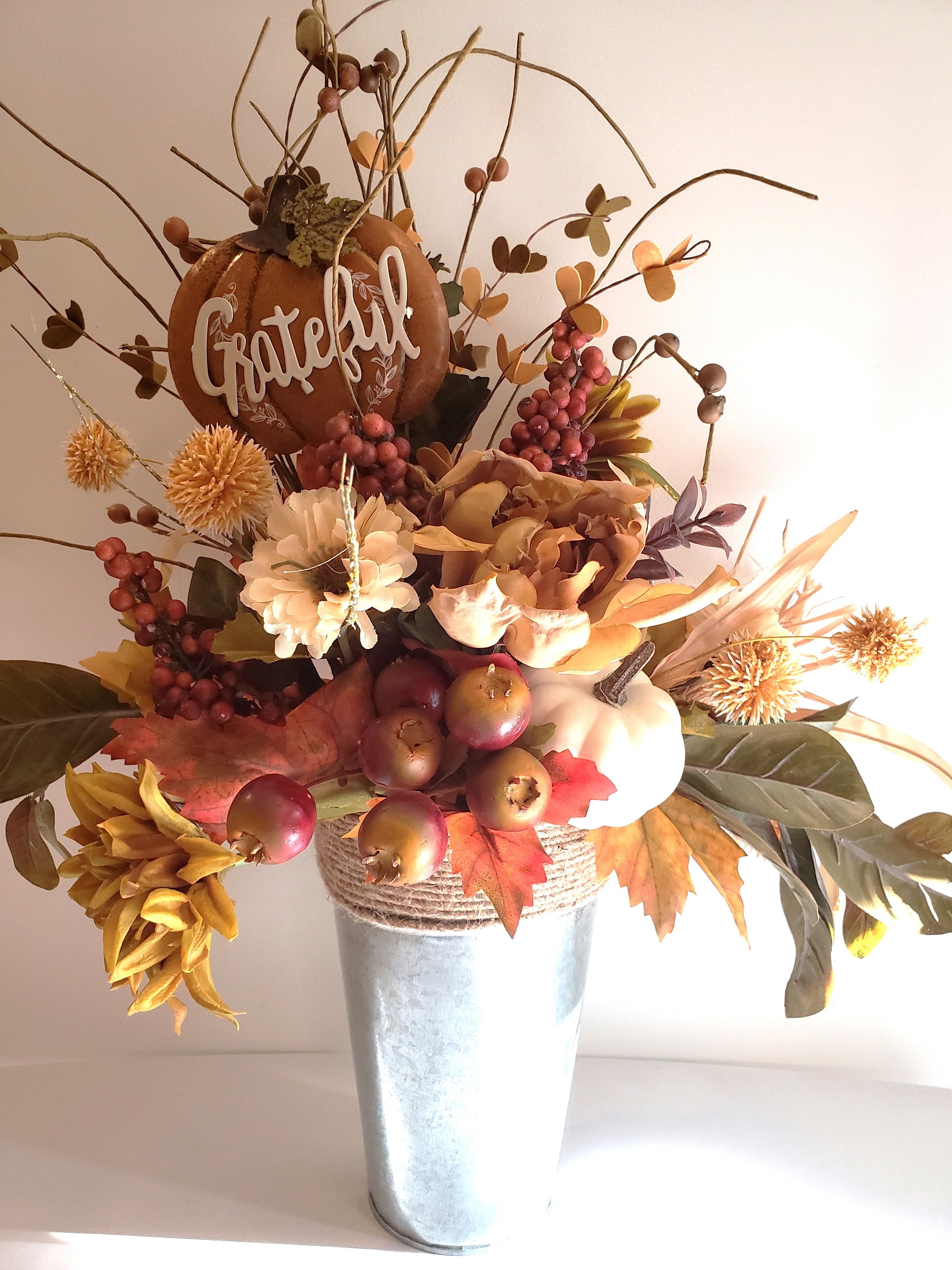 Fall Silk Floral Arrangement With Pumpkins and grateful Pumpkin Sign ...
