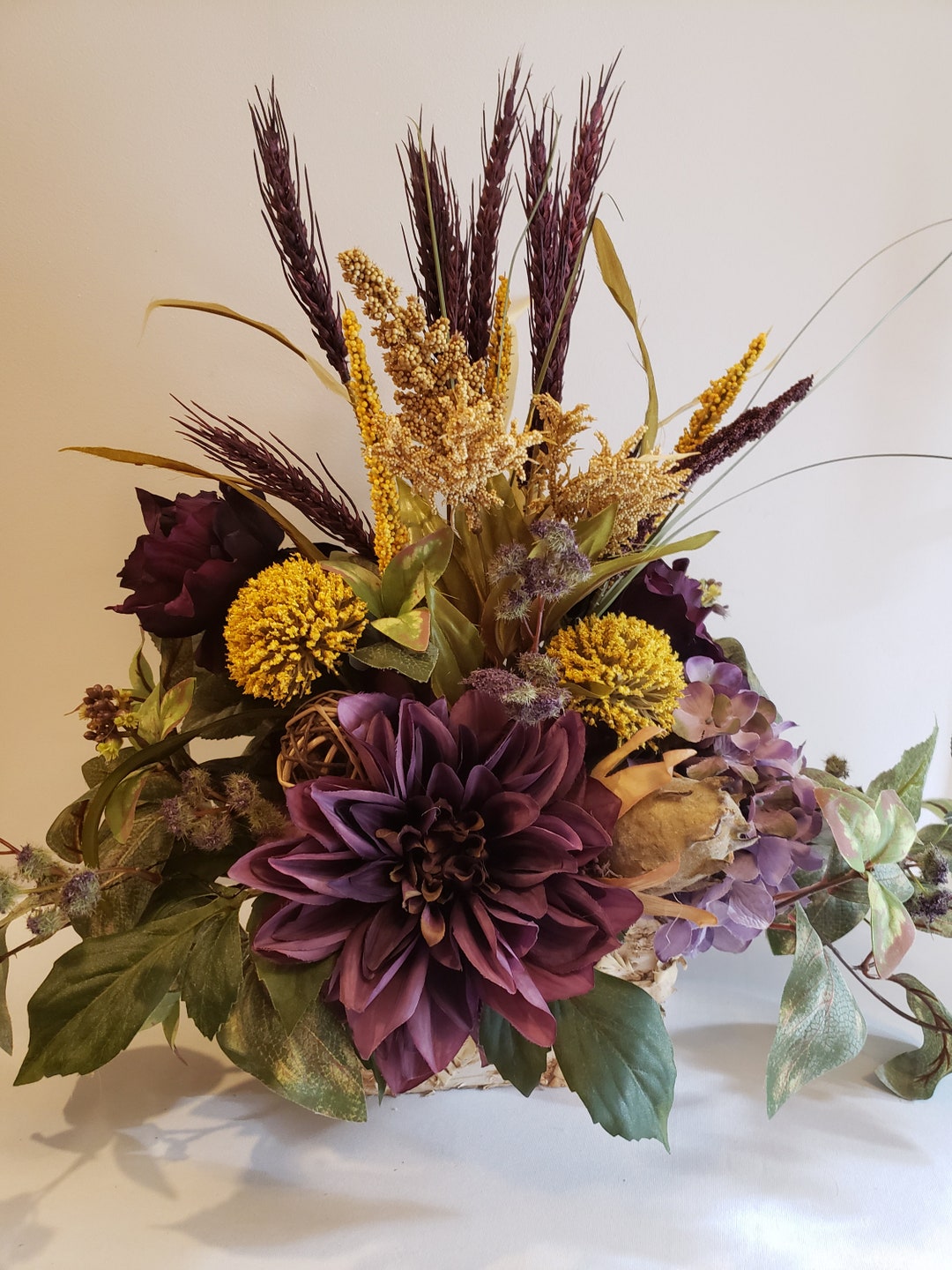 Fall Floral Arrangement, Purple and Yellow Silk Floral Arrangement ...