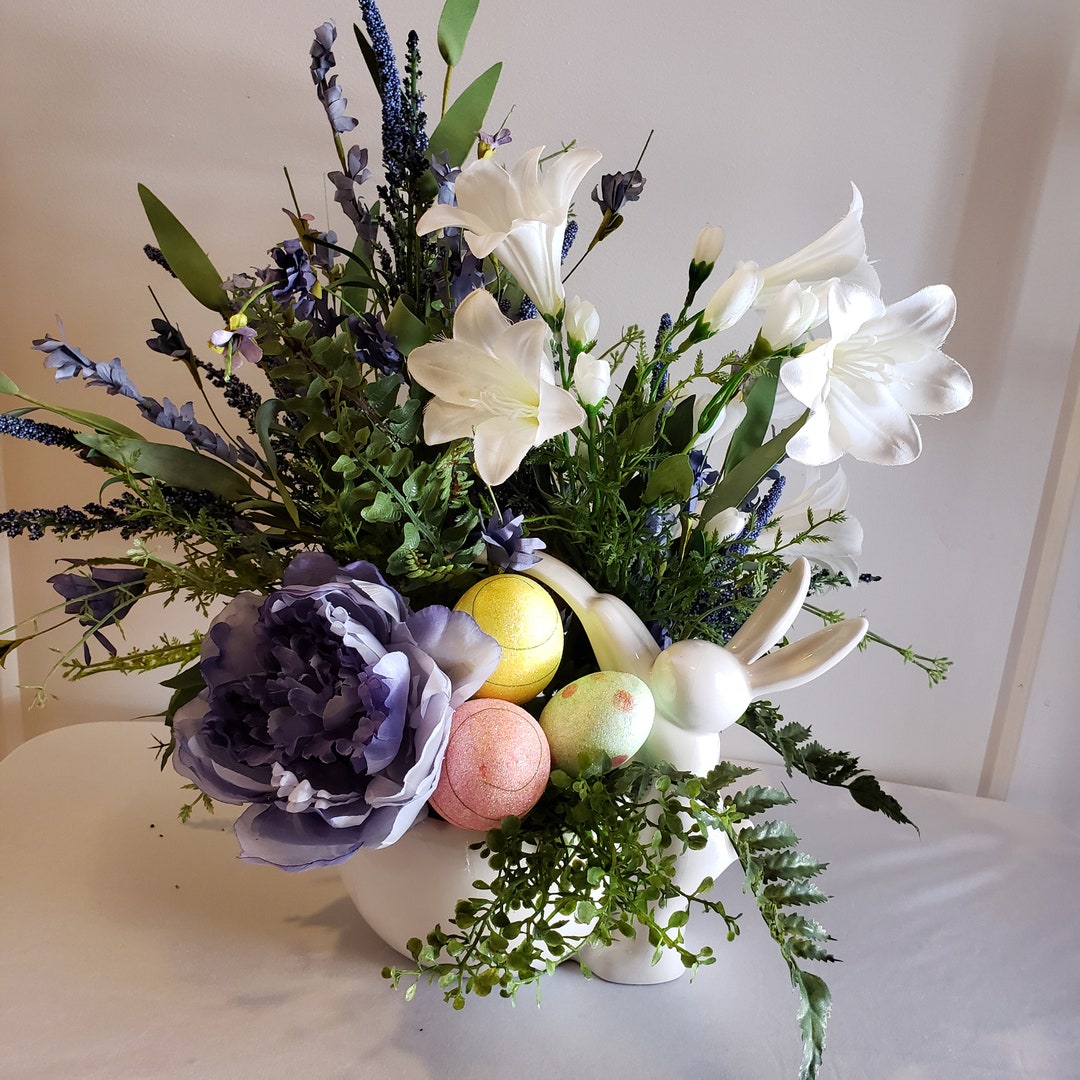 Easter Farmhouse Floral Arrangement, Ceramic Easter Bunny Container W ...