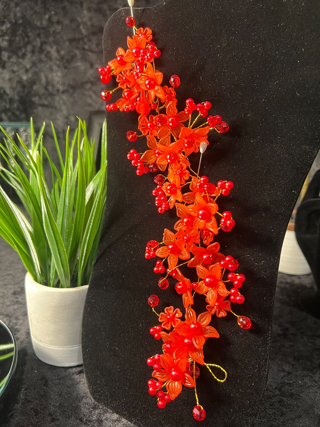 Wedding (328-1) Red Hair Jewelry Translucent Pearl Flower Hair Vine ...