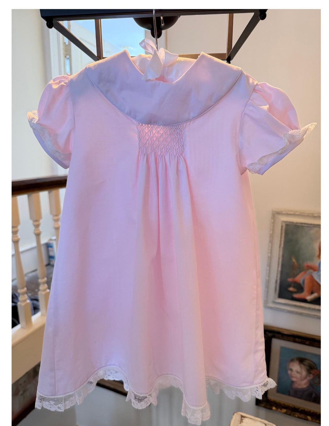 Girls Pink Smocked Dress Cotton Twill French Val Lace Heirloom Baby ...
