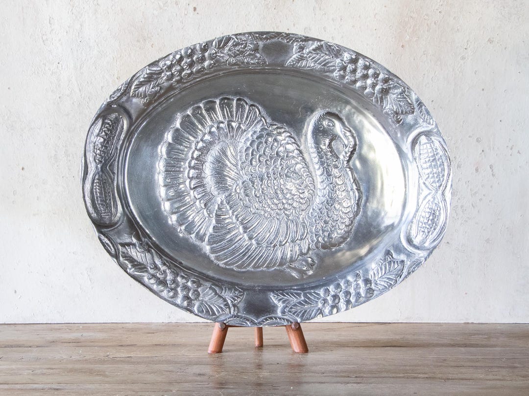 Pewter Turkey Tray, Vintage Serving Platter, Silver Toned Thanksgiving ...