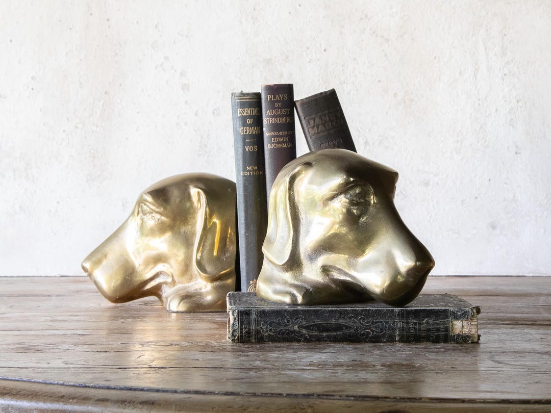 Dog Head Bookends Pair, Set of Two Vintage Heavy Solid Brass Dog Book ...