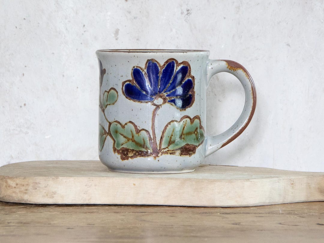 Vintage Floral Coffee Mug: Blue Flower Ceramic Tea Cup - Etsy
