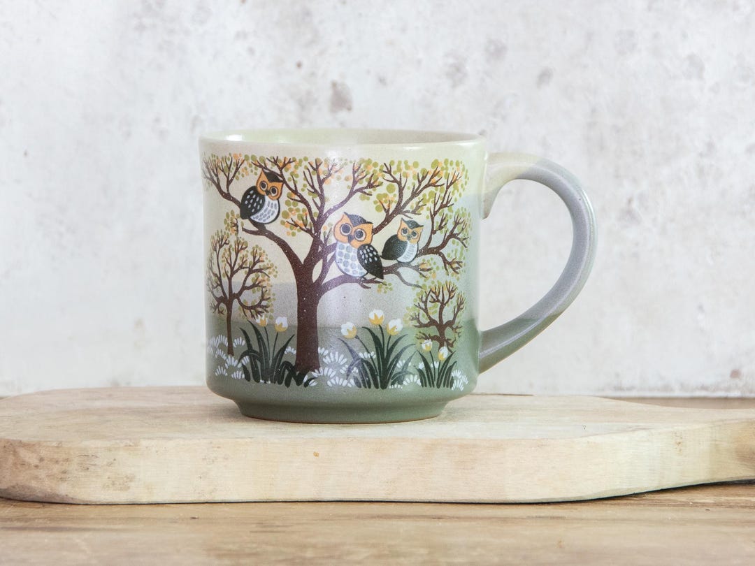 Owls Coffee Mug, Vintage Ceramic Tea Cup With an Owl Family and Trees ...