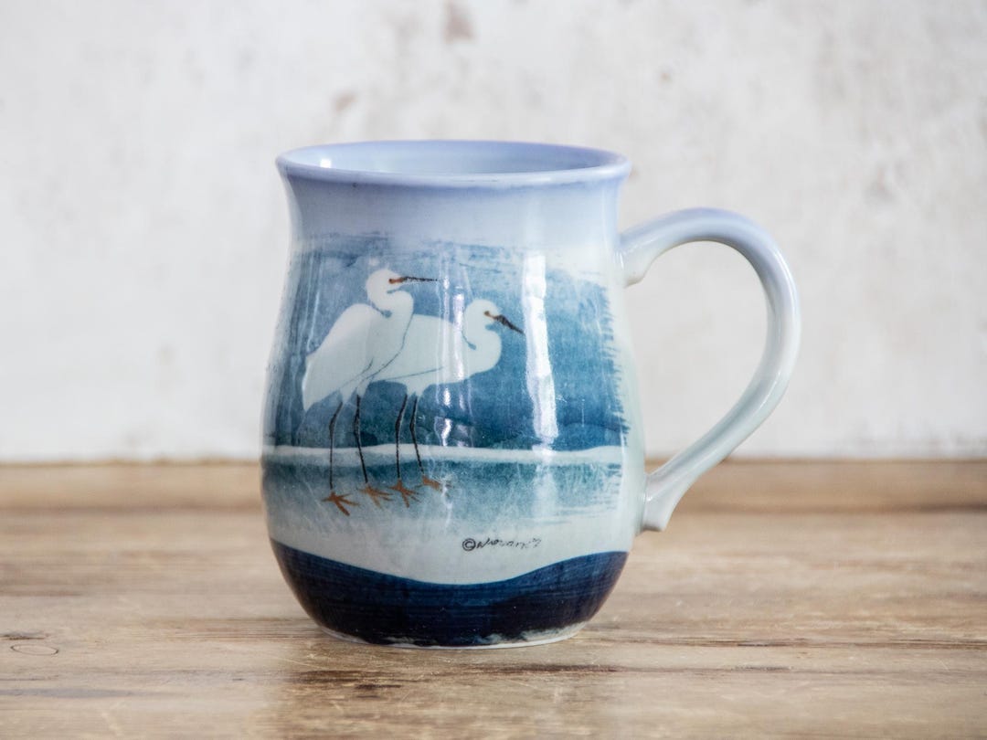 Crane Coffee Cup, Vintage Stoneware Mug With Two White Birds, Egret Tea ...