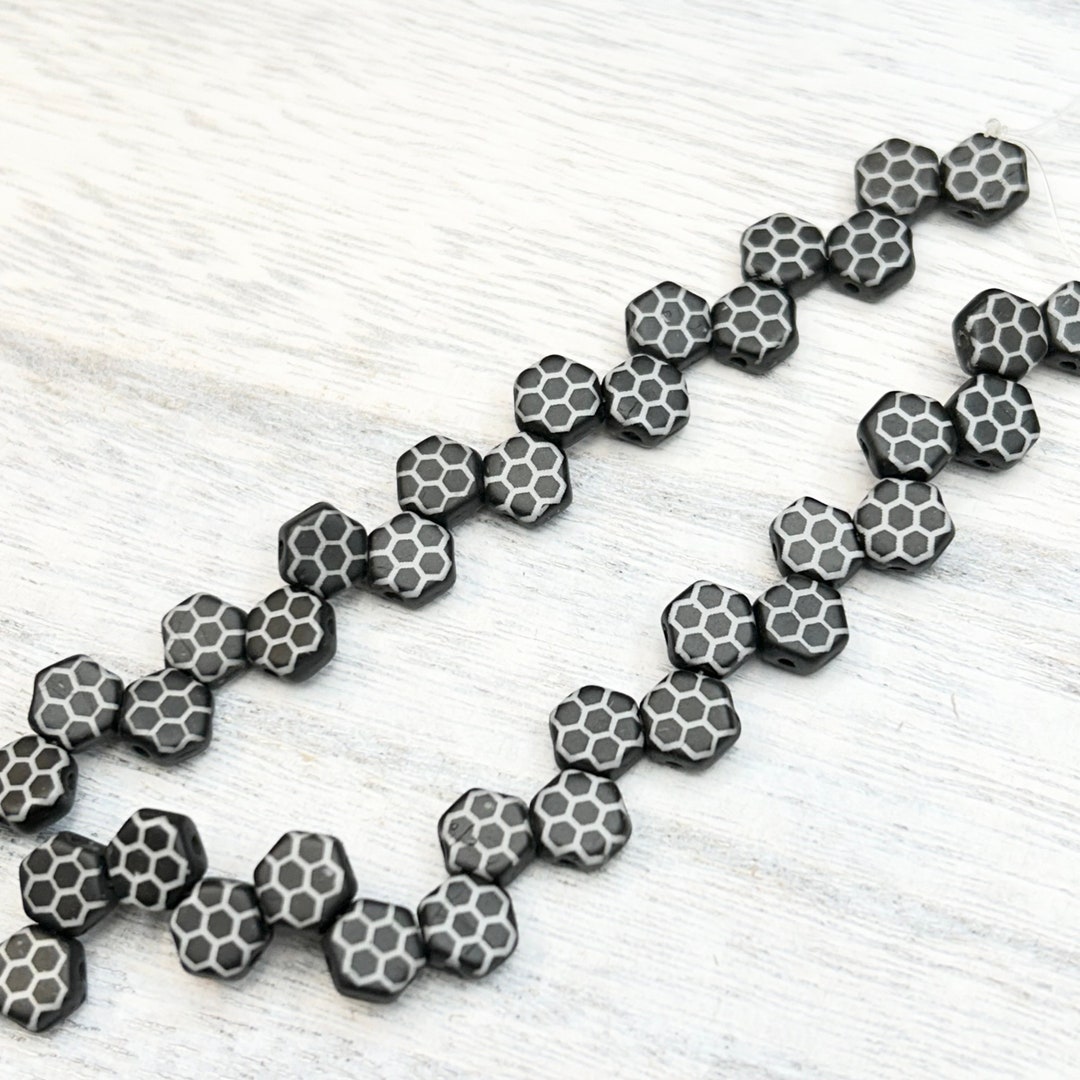 Honeycomb Bead ~ Black White Laser Core, Two Hole Glass Beads 30 Pc ...
