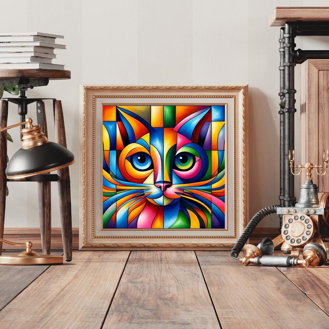 Cubist Cat Art Print: High-resolution Colorful Kitty (digital Download ...