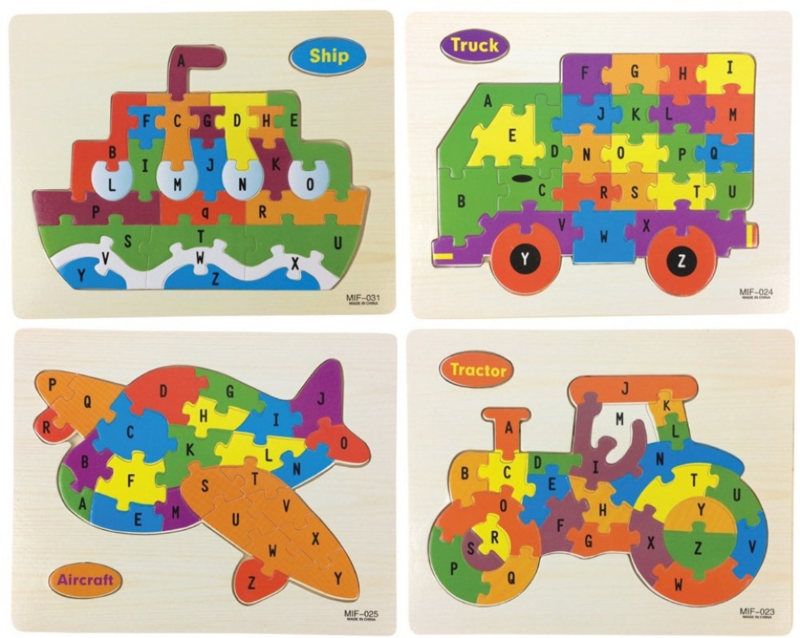 4 X Wooden Vehicle Alphabet Jigsaws as Pictured IQ Puzzle Colourful ...