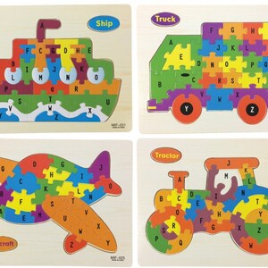 4 X Wooden Vehicle Alphabet Jigsaws as Pictured IQ Puzzle Colourful ...