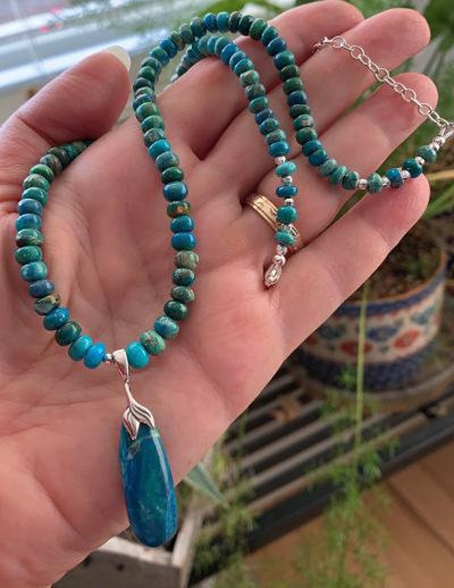 Blue Peruvian Opal Necklace, Opalina Gemstone Statement Necklace, Blue ...