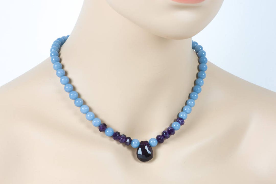 Angelite Necklace, Amethyst and Angelite Choker, Blue Purple Gemstone ...