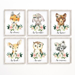 Woodland Animal Nursery Print Set of 6 Blush Pink Floral | Etsy