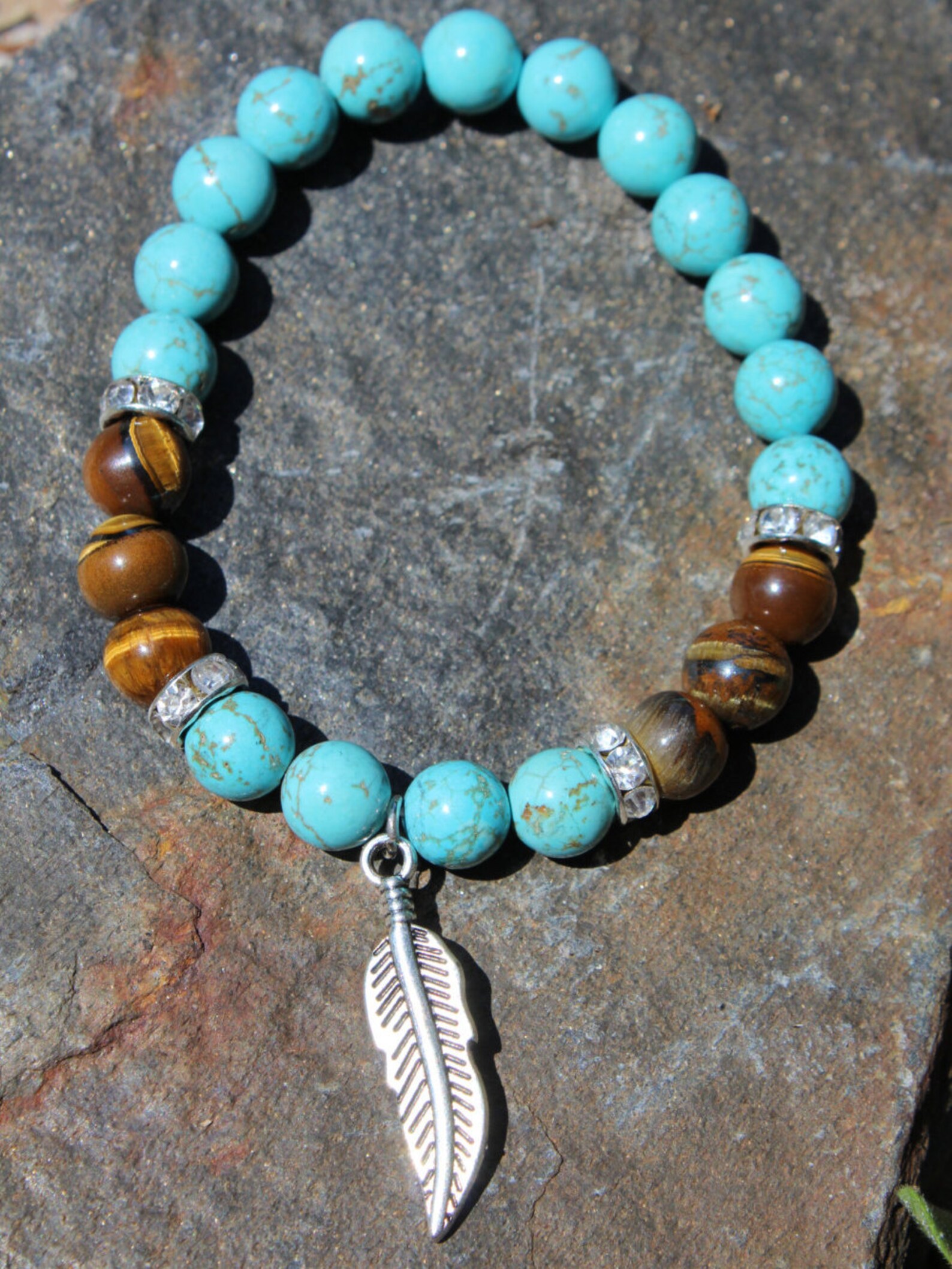 Tigers Eye & Turquoise Feather Bracelet - Etsy