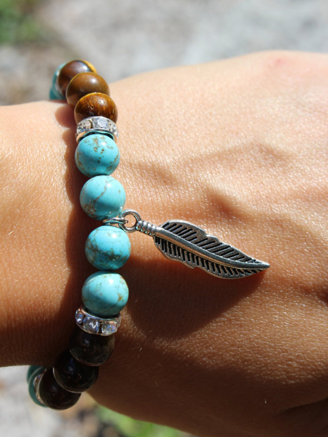 Tigers Eye & Turquoise Feather Bracelet - Etsy