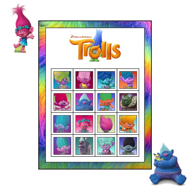 Trolls Movie Birthday Party Bingo Game Plus Matching Game - 30 BINGO ...