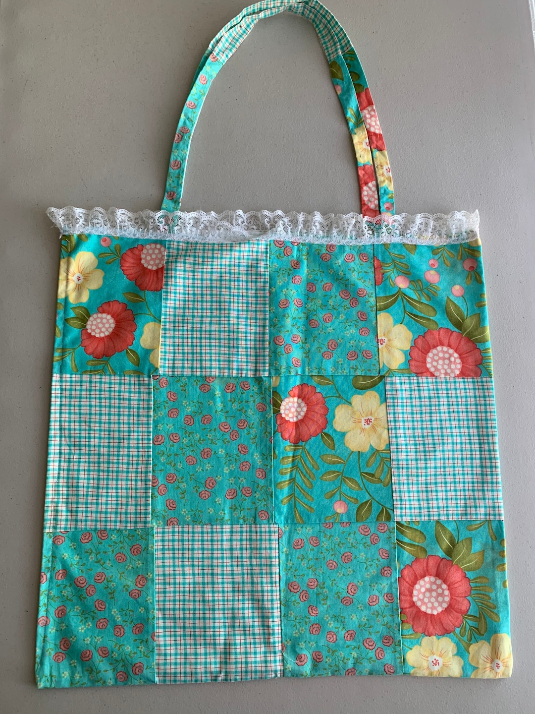 Algodón Turquesa hecho a mano estampado floral patchwork Tote / bolsa de compras - Etsy España
