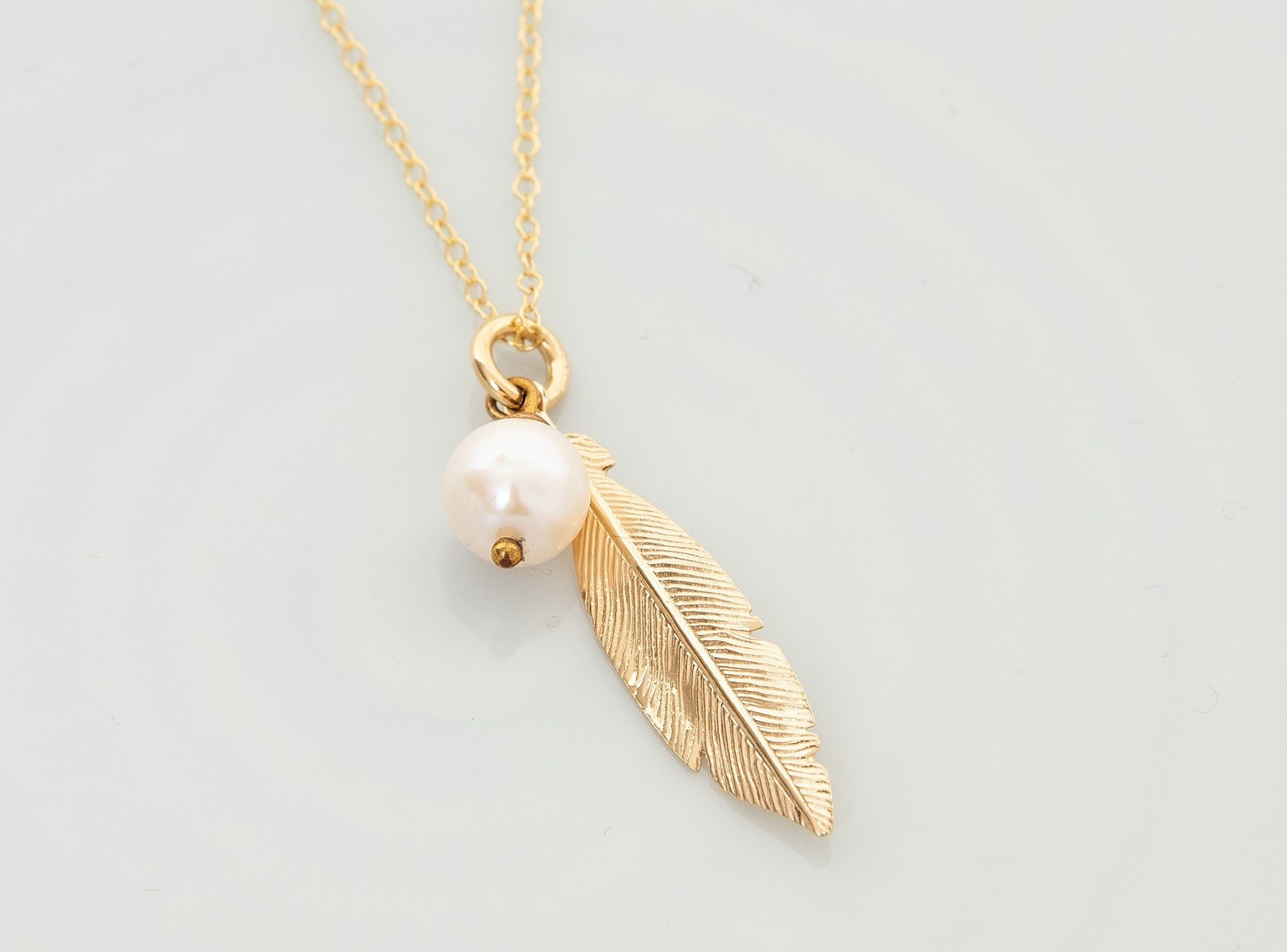 Gold Feather Pendant Gold Pearl Leaf Necklace Gold Feather - Etsy