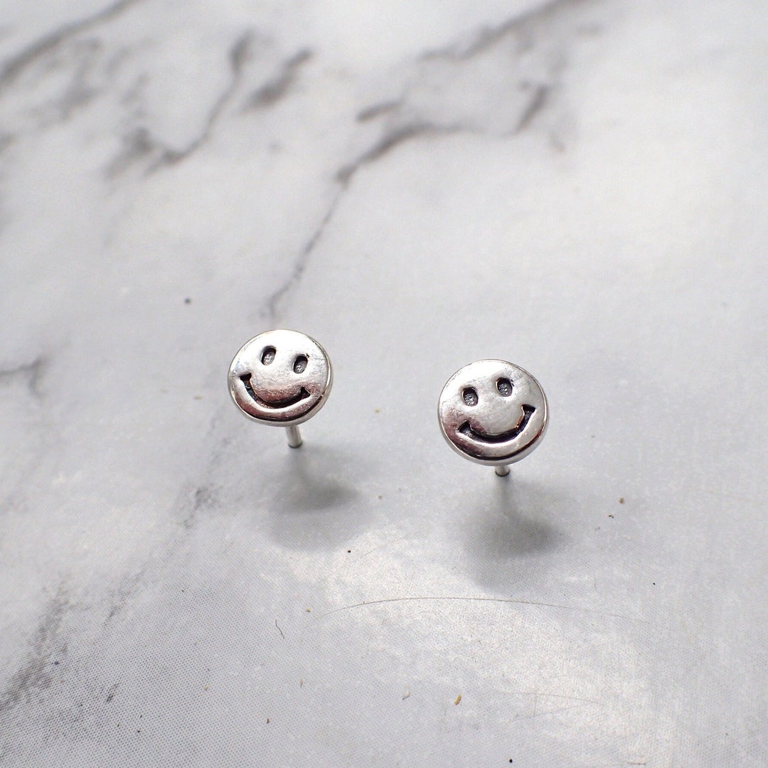 Smiley Face Earrings, Silver Smiley Face Studs, Emoji Stud Earrings, Kids Smiley Face Earrings ...
