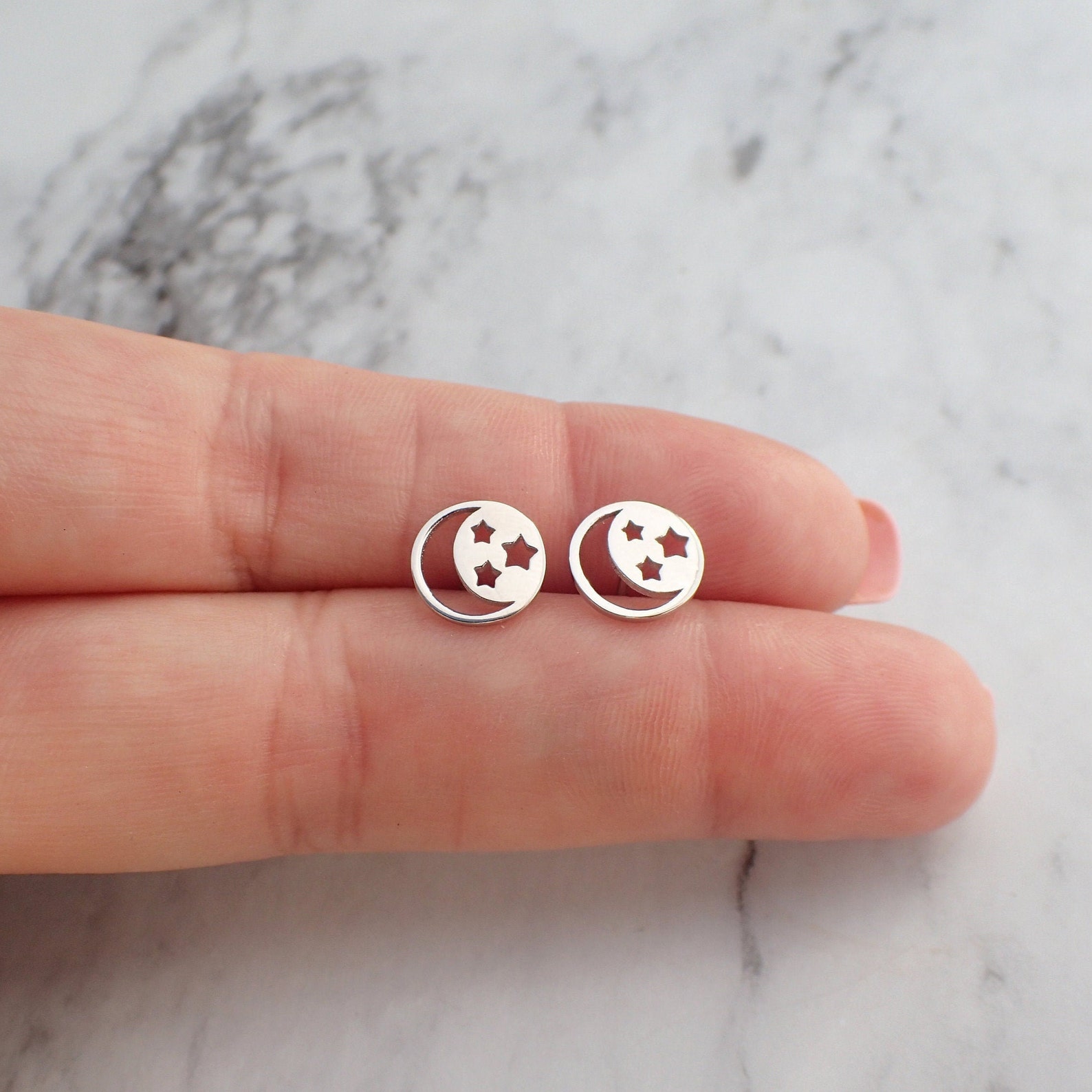 Moon and Star Stud Earrings Silver Moon Stud Earrings - Etsy