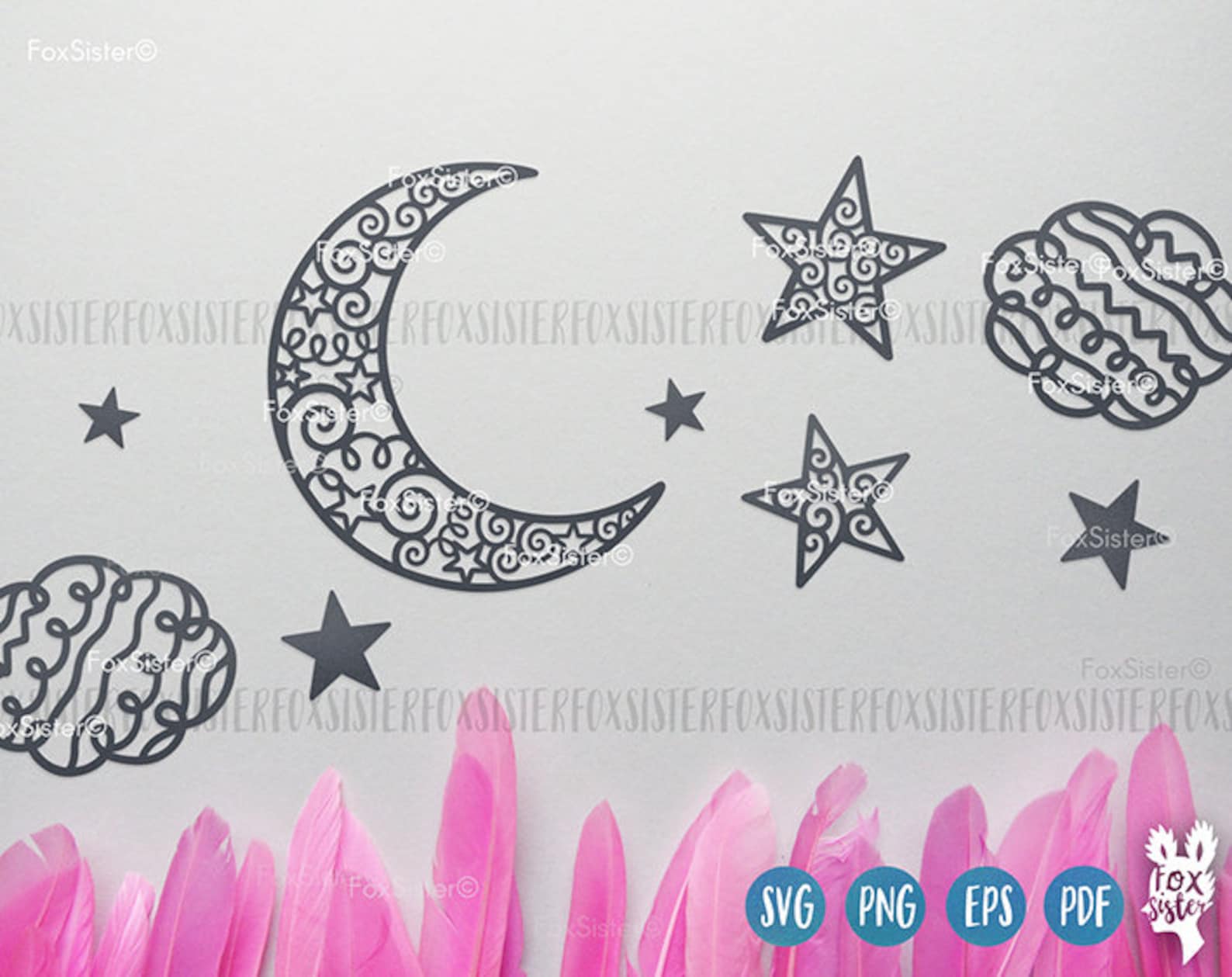 Moon and Stars Night Sky Svg Vector Cut File Designs, Star Svg, Cute ...