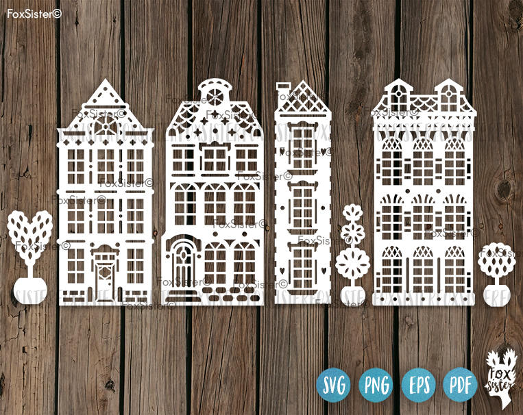 4 Houses Svg Templates Building Cut File Clipart Amsterdam | Etsy