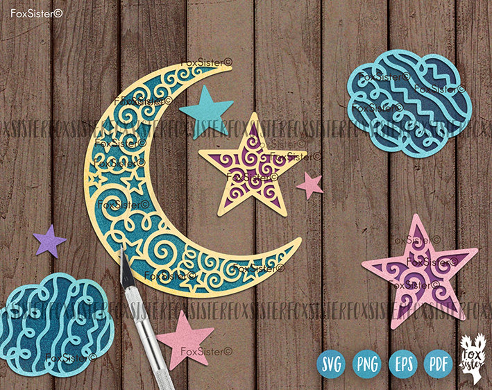 Moon and Stars Night Sky Svg Vector Cut File Designs, Star Svg, Cute ...