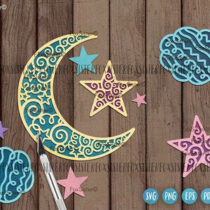 Moon and Stars Night Sky Svg Vector Cut File Designs, Star Svg, Cute ...