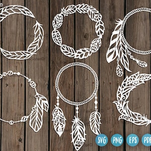 6 Boho Feather Monogram Frames SVG Cut File Templates, Feather Svg ...