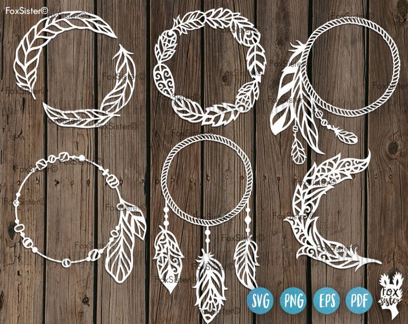 6 Boho Feather Monogram Frames SVG Cut File Templates, Feather Svg ...
