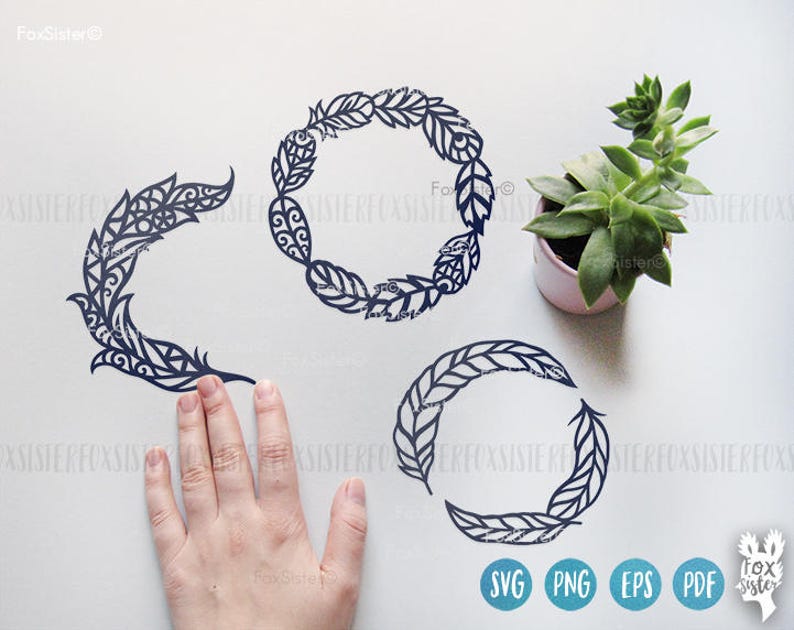 6 Boho Feather Monogram Frames SVG Cut File Templates, Feather Svg ...