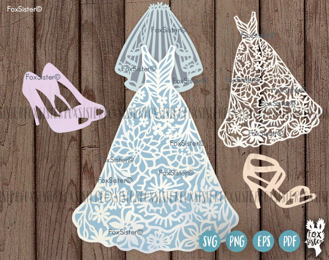 Bridal Wedding Dress and Shoes Svg Cut Files, Veil Svg, Marriage Svg ...