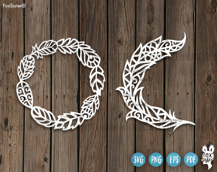 6 Boho Feather Monogram Frames SVG Cut File Templates, Feather Svg ...