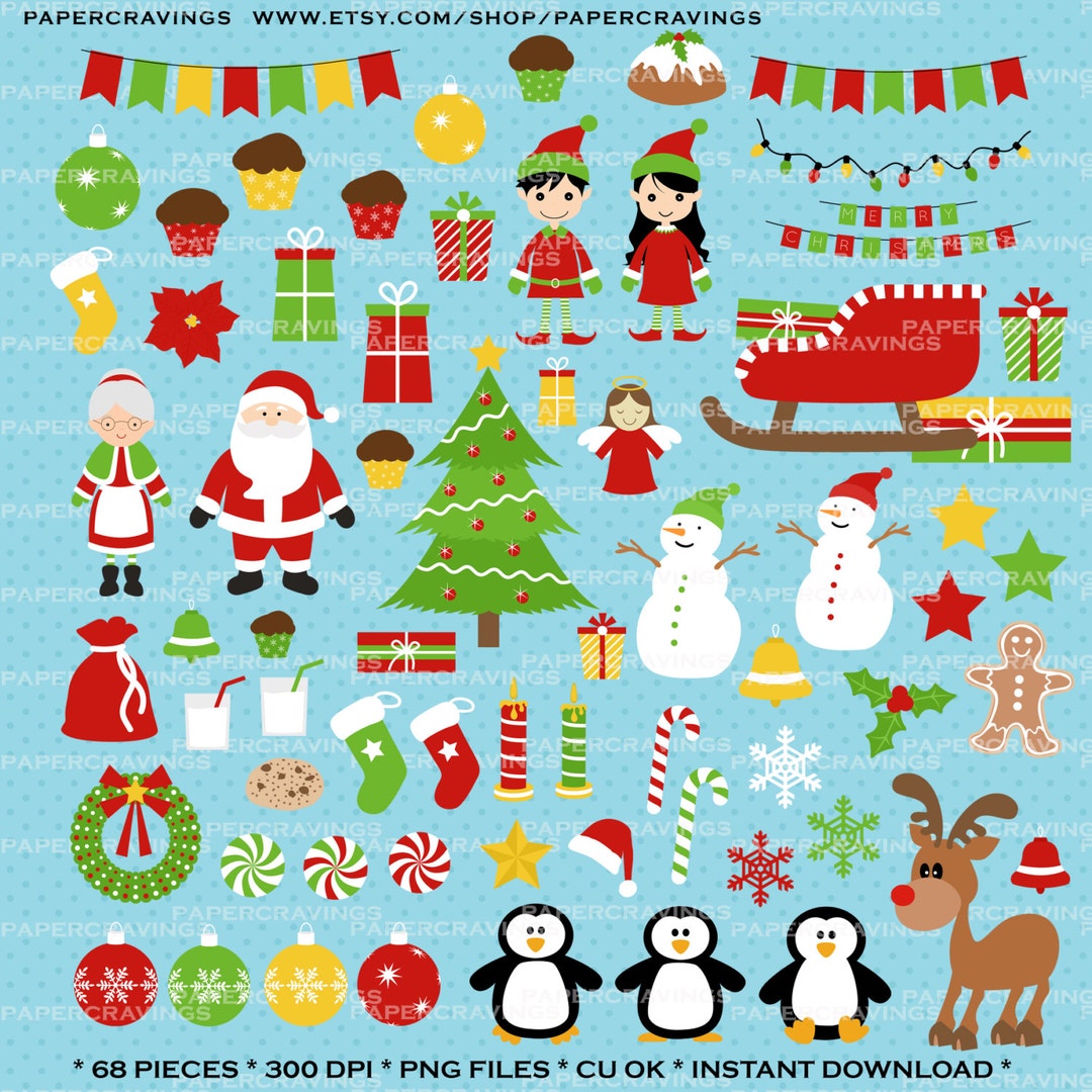 Christmas Clipart Set Holiday Clipart Commercial Png Red Green Santa ...